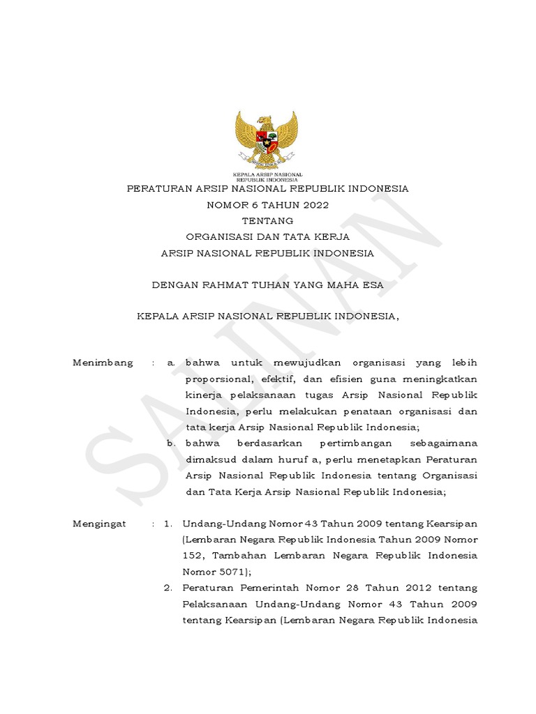 Peraturan ANRI Nomor 6 Tahun 2022 | PDF