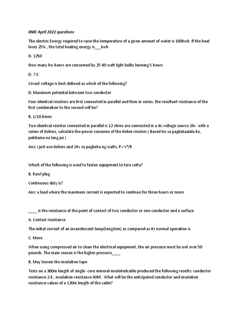 RME April 2022 Questions | PDF | Resistor | Electrical Resistance And ...