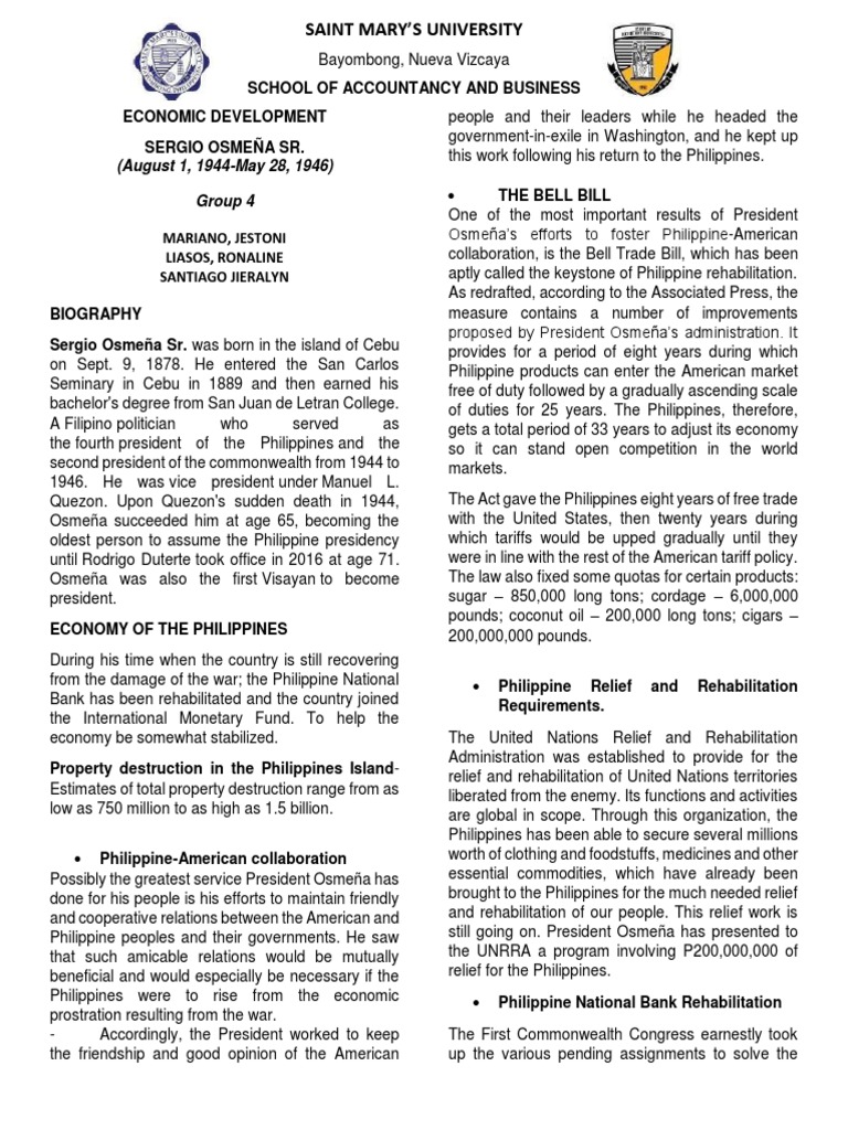 Group 4 - 3010 - Sergio Osmena Sr. Outline | PDF | Economies
