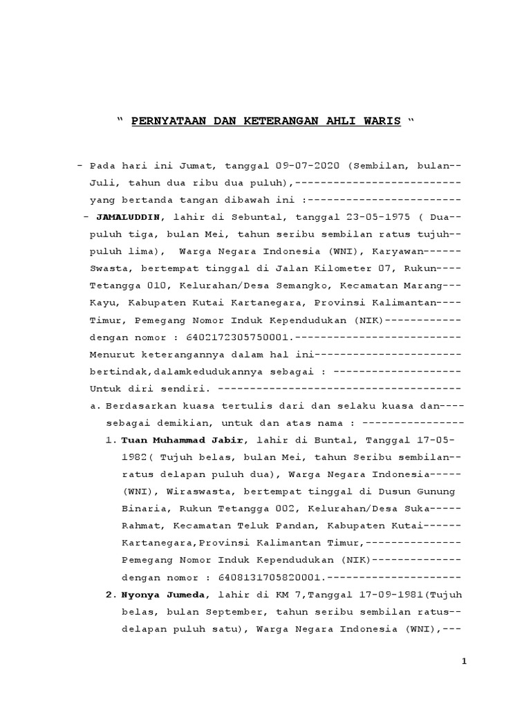 Pernyataan Dan Keterangan Ahli Waris Pak Jamal | PDF