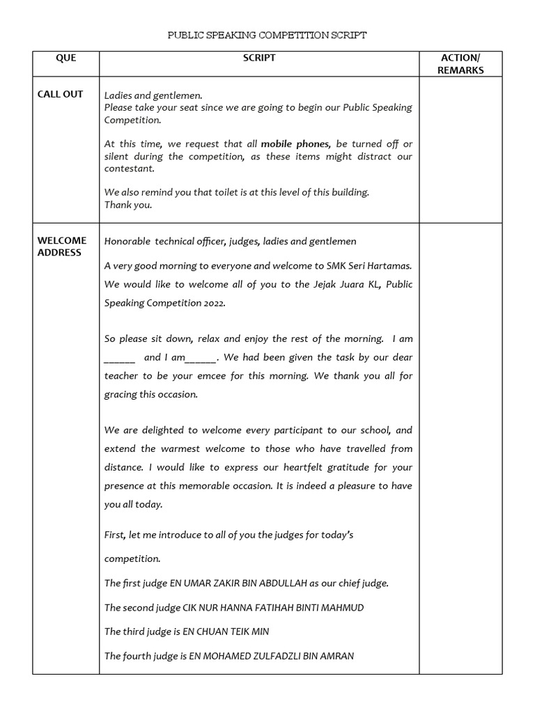 QUE Script Action/ Remarks Call Out: Public Speaking Competition Script ...