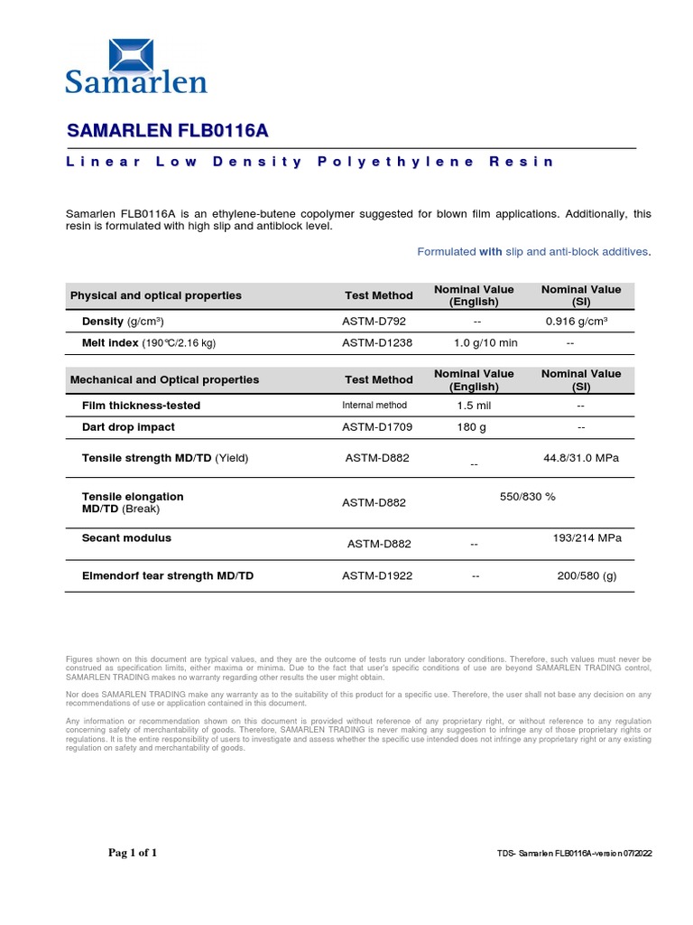 Samarlen FLB0116A: Technical Data Sheet for a Linear Low Density ...