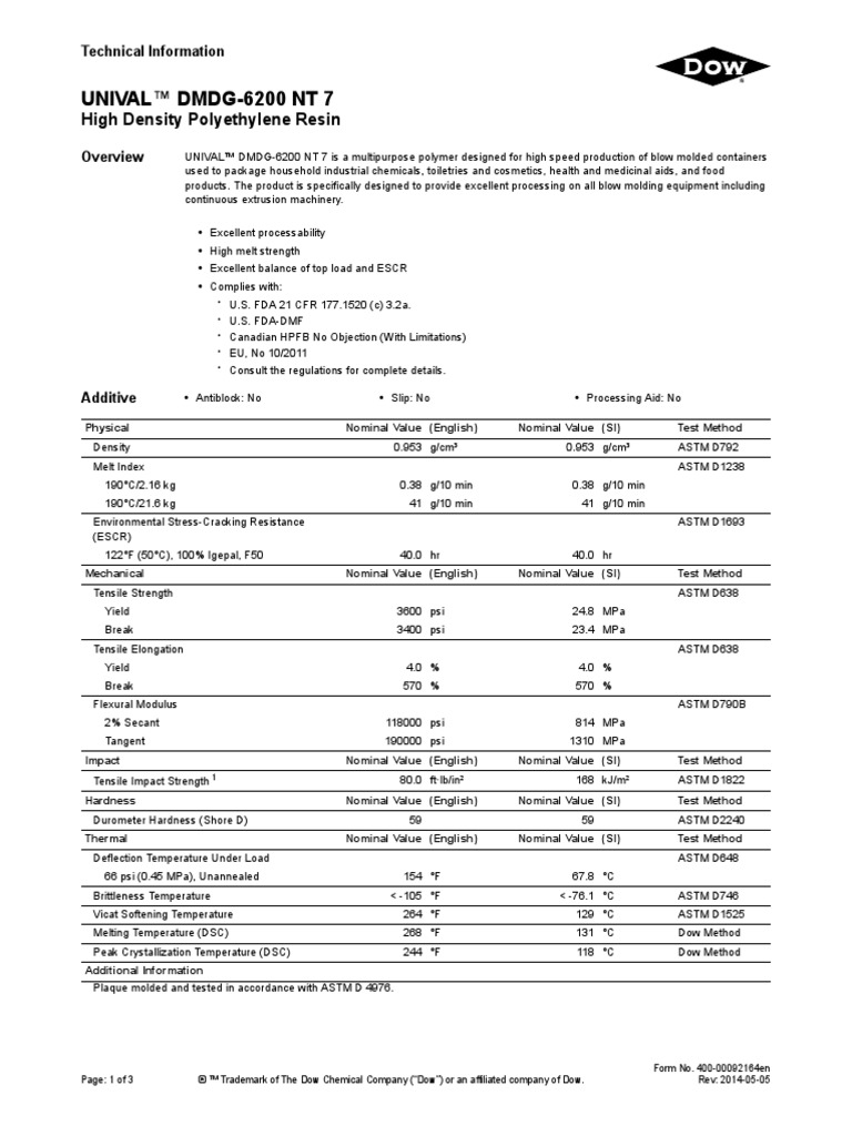 Unival™ Dmdg-6200 NT 7: High Density Polyethylene Resin | PDF | Medical ...