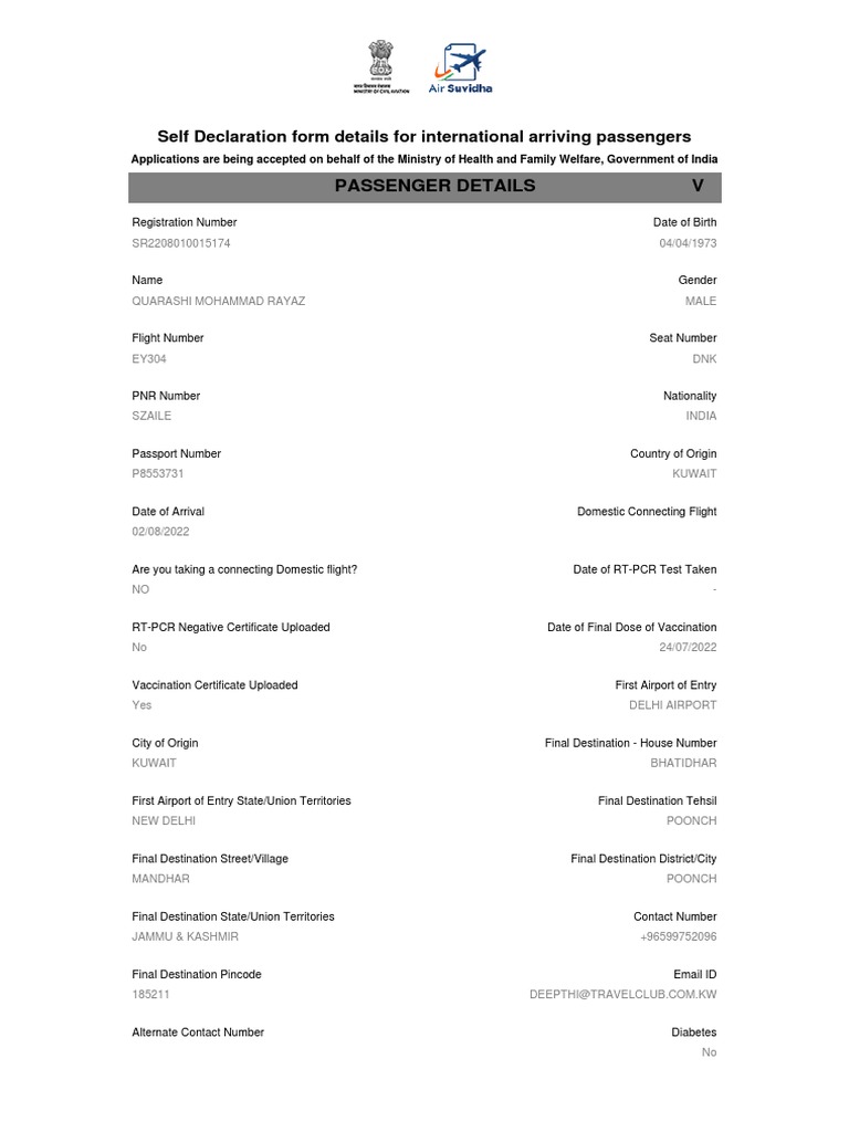 Self Declaration Form Details For International Arriving Passengers ...