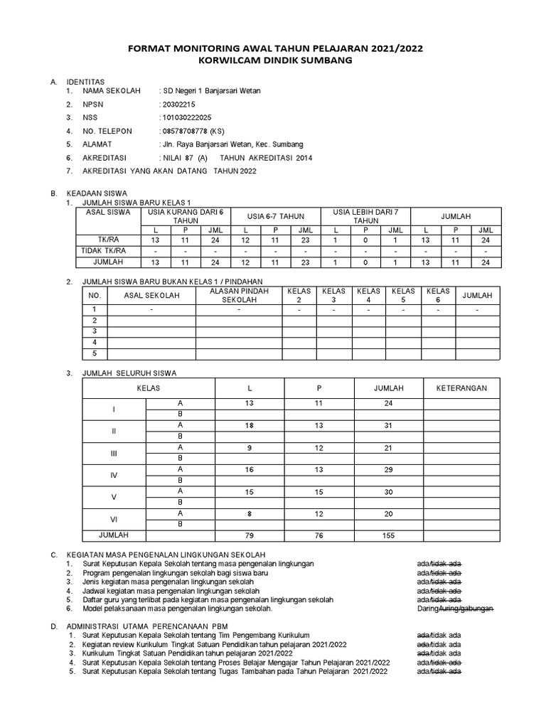 Format Monitoring Awal Tahun Pelajaran 2021 - 2022 | PDF