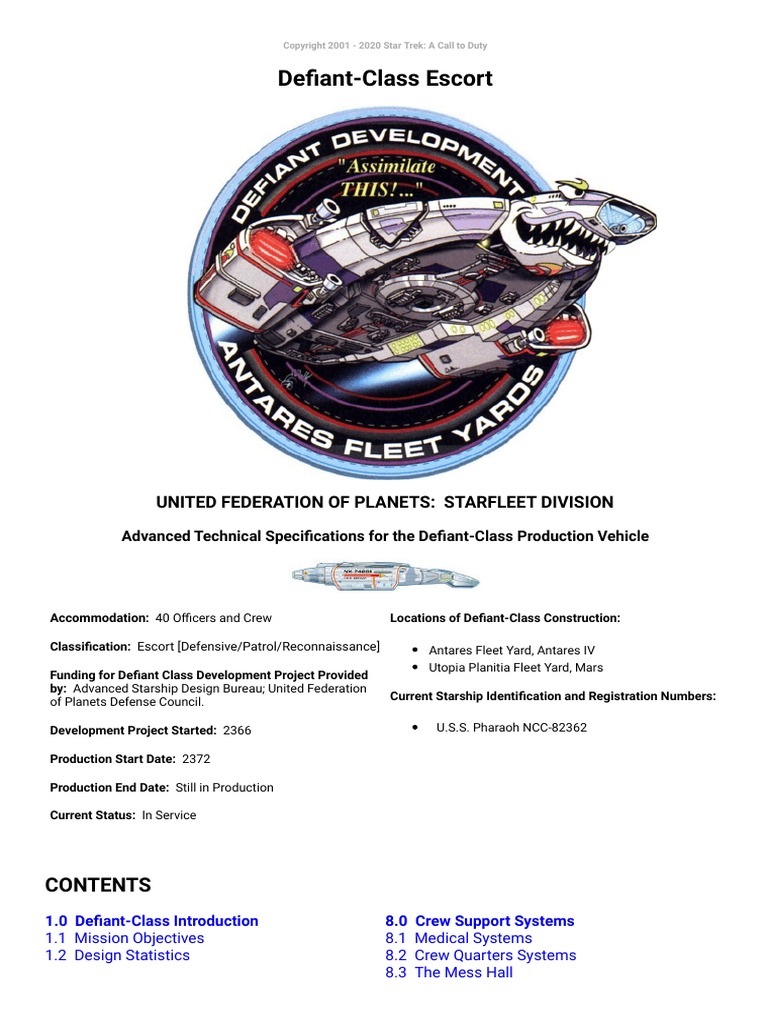 ACTD: ASDB Defiant-Class Starship Specifications v1.0 | PDF | Starfleet ...