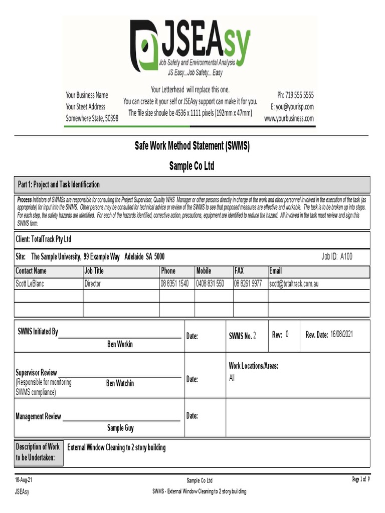 SWMS External Window Cleaning To 2 Story Building Simplified Report ...