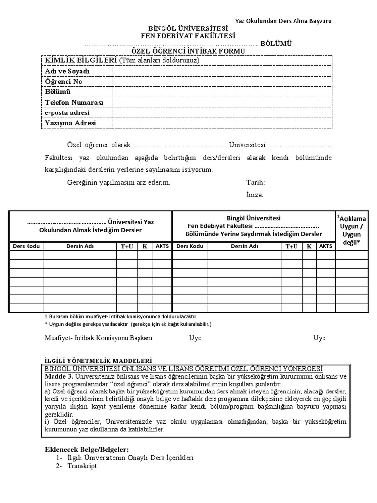 14 Yaz Okulundan Ders Alma Basvuru Dilekcesi | PDF