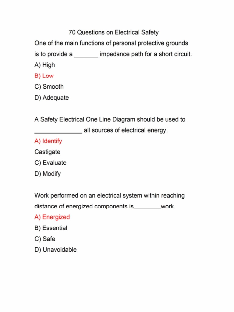 Answers 70 Questions On Electrical Safety Student Ver - Page | PDF