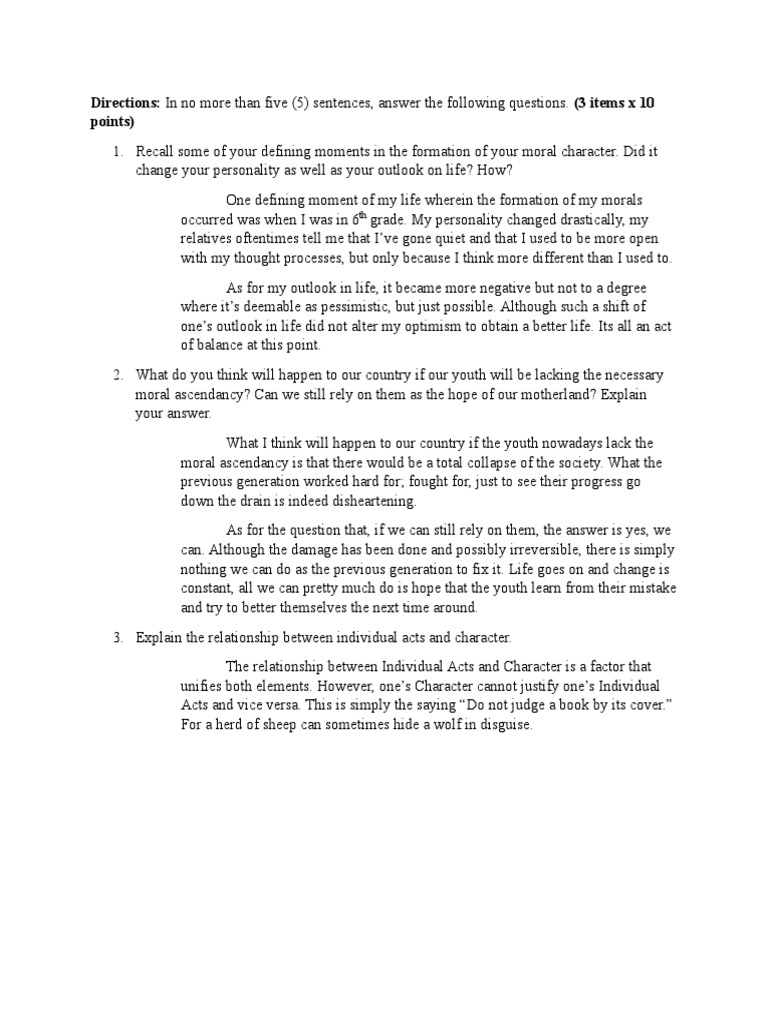 Directions: in No More Than Five (5) Sentences, Answer The Following ...