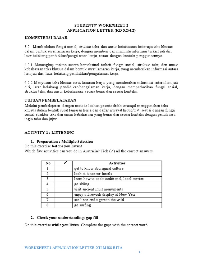 Students' Worksheet 2 - Application Letter | PDF