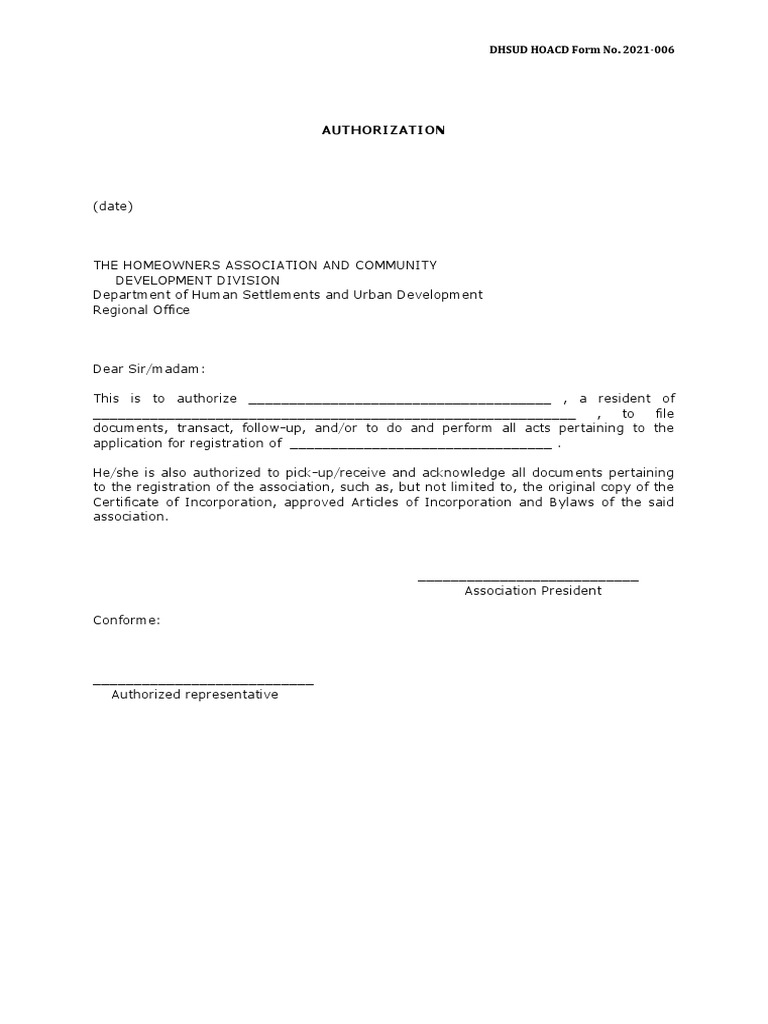 Authorization: DHSUD HOACD Form No. 2021-006 | PDF