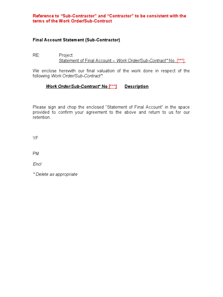 Final Account Statement (Subcontractor) | PDF