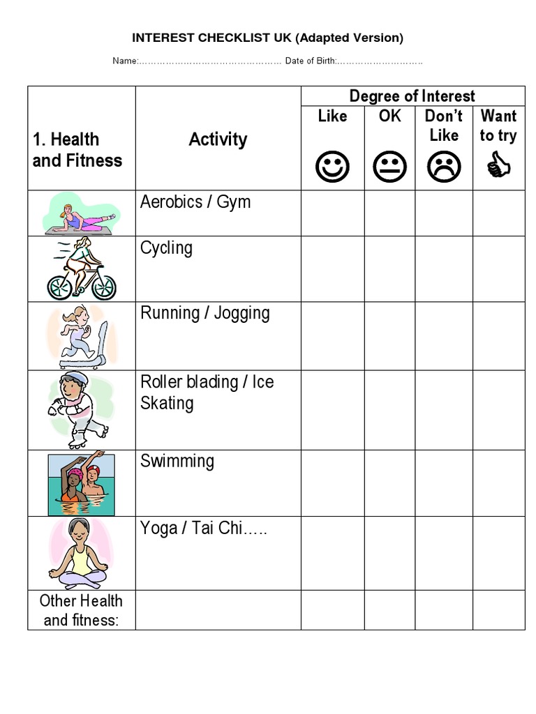 MOHO Interest Checklist UK Version | PDF | Sports | Entertainment