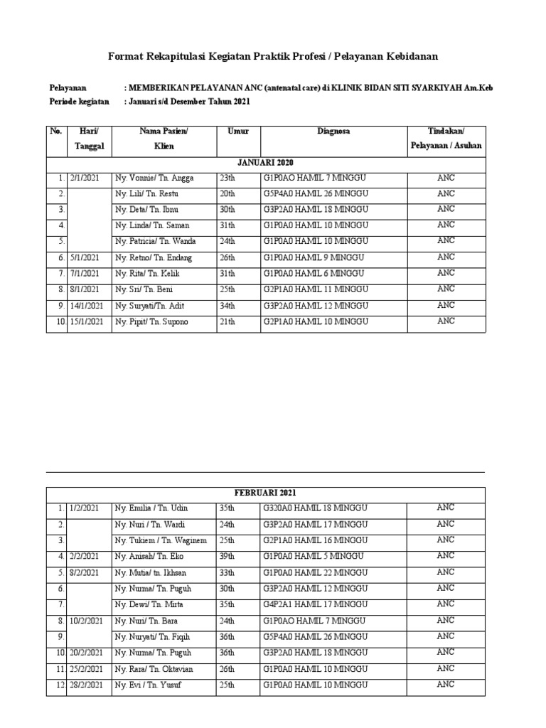 Format Rekapitulasi Kegiatan Praktik Profesi / Pelayanan Kebidanan | PDF