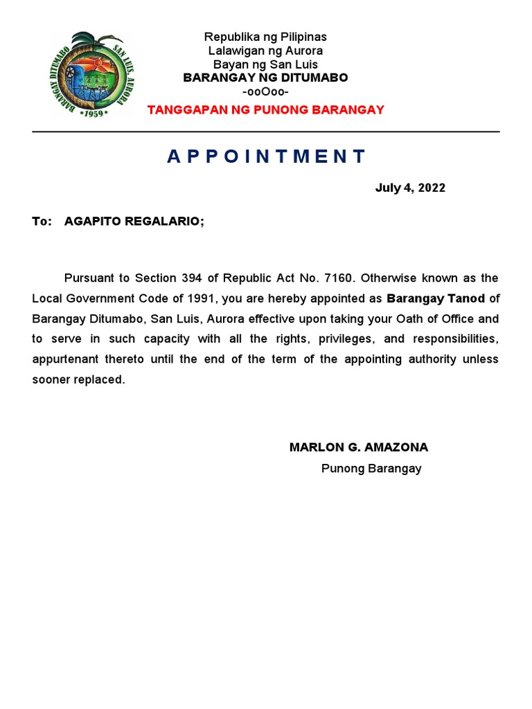 Appointment Tanod Brgy Ditumabo 2022 | PDF | Philippines