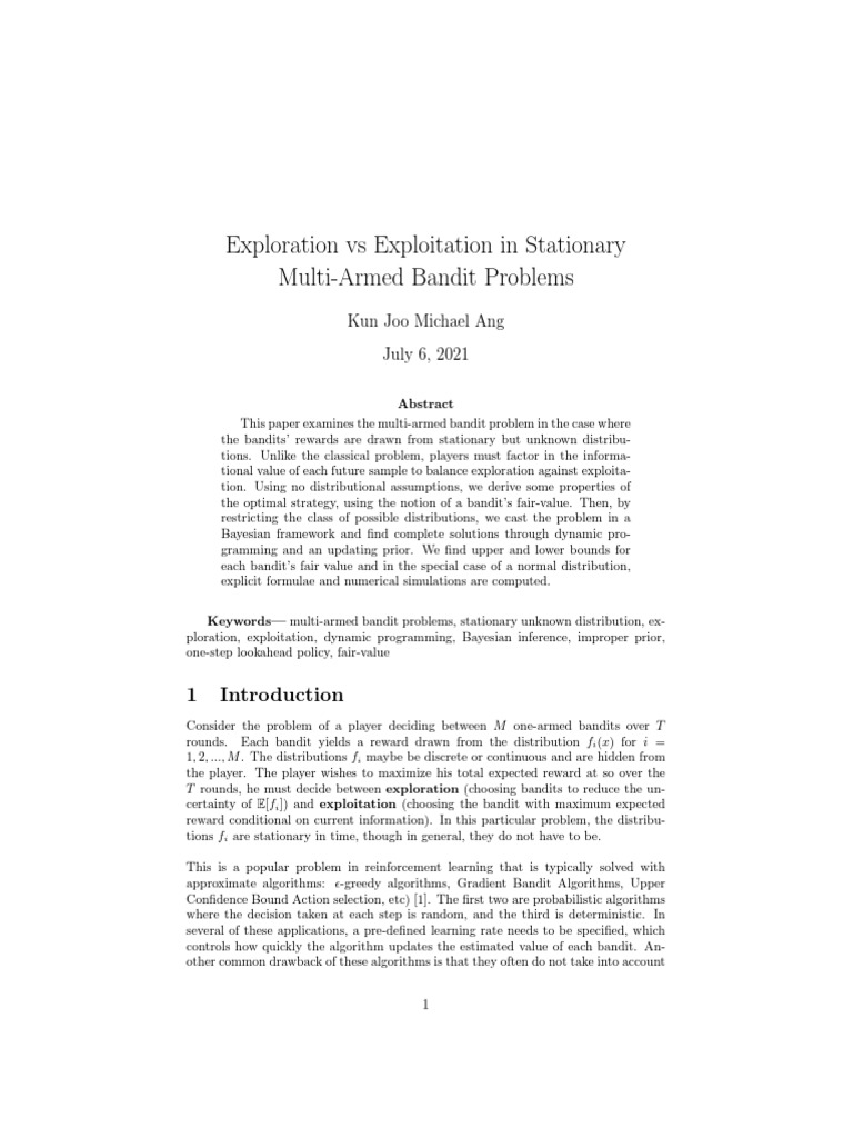 Exploration Vs Exploitation in Stationary Multi-Armed Bandit Problems | PDF | Bayesian Inference ...