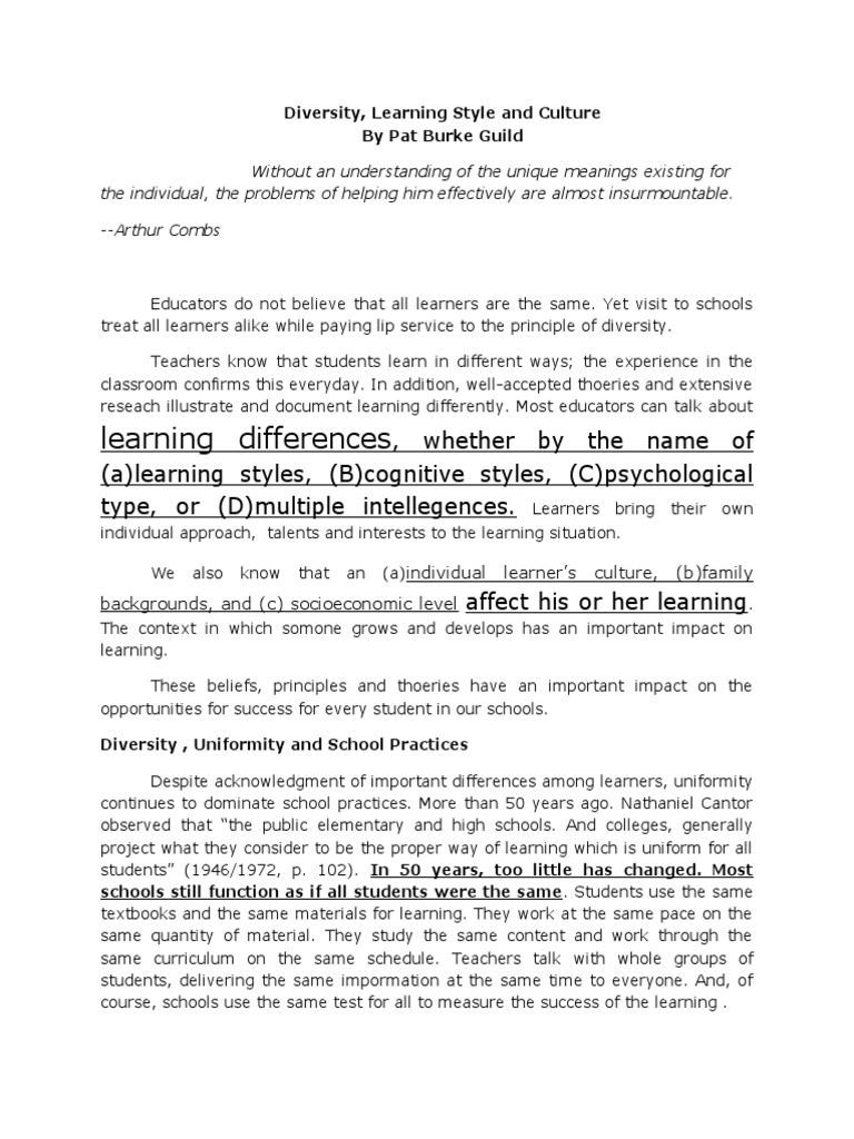 Diversity, Learning style | PDF | Learning Styles | Learning