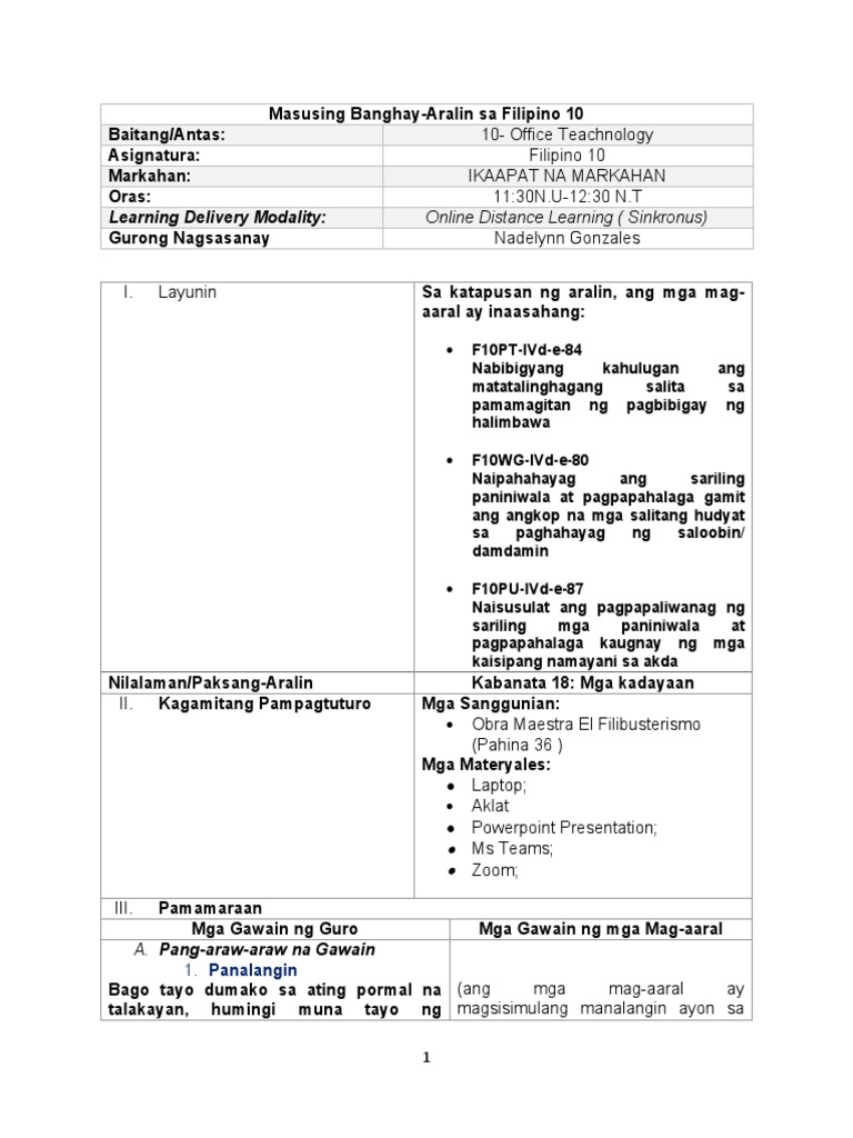 Banghay-Aralin - Kabanata - 16 | PDF