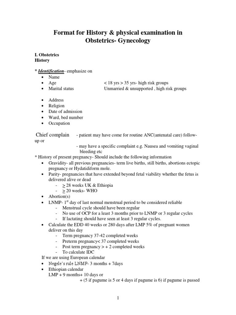 Gynacology and Obstetrics Format For History & Physical Examinaiton ...