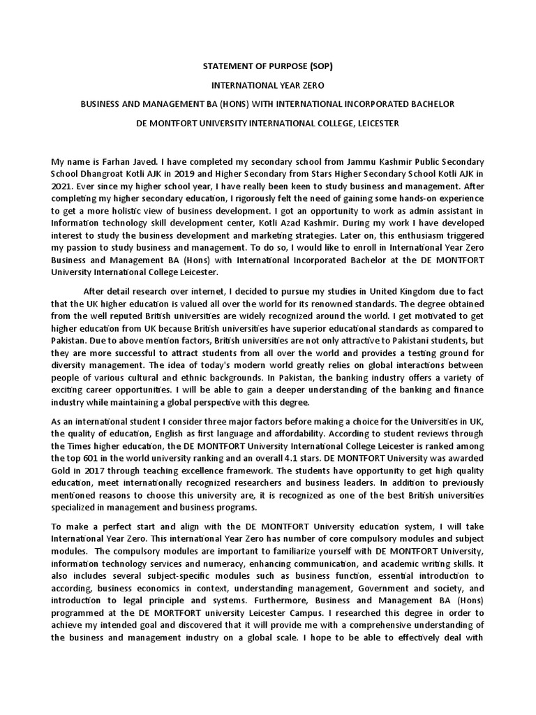 SOP for Int'l Business BA at DMU | PDF | Globalization