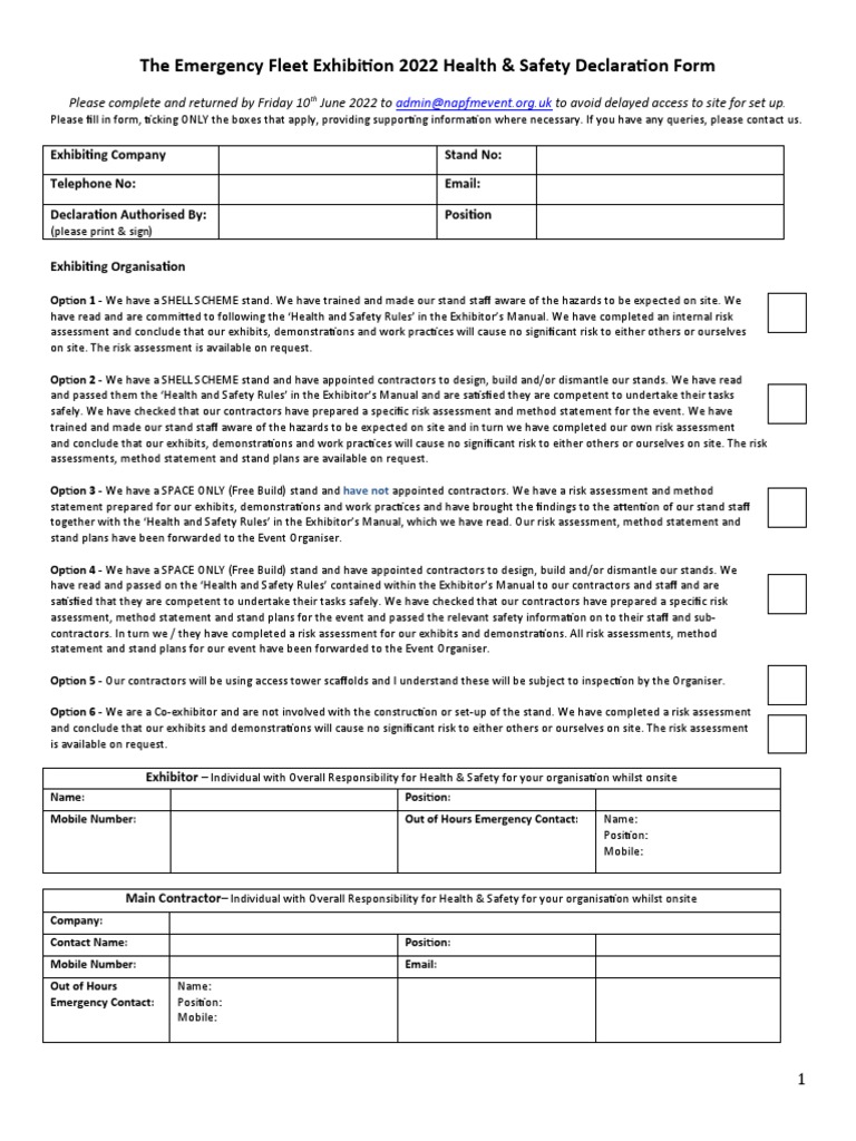 The Emergency Fleet Exhibition 2022 Health & Safety Declaration Form ...