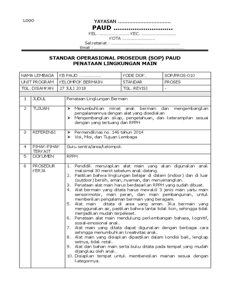 10 Sop Paud Penataan Lingkungan Main | PDF | Game & Aktivitas