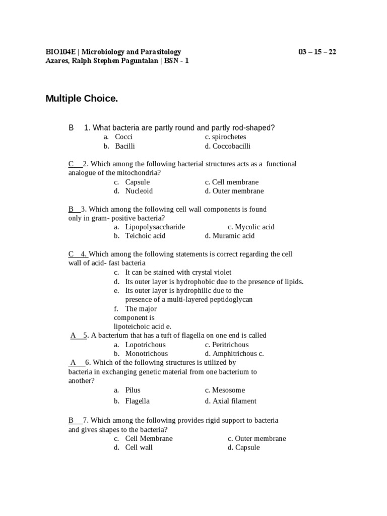 BIO104E Microbiology and Parasitology Multiple Choice Questions | PDF | Bacteria | Cell (Biology)