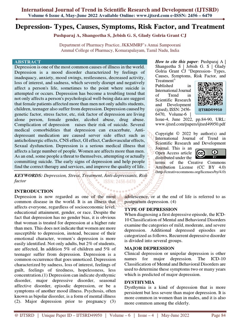 Depression Types, Causes, Symptoms, Risk Factor, and Treatment | PDF ...