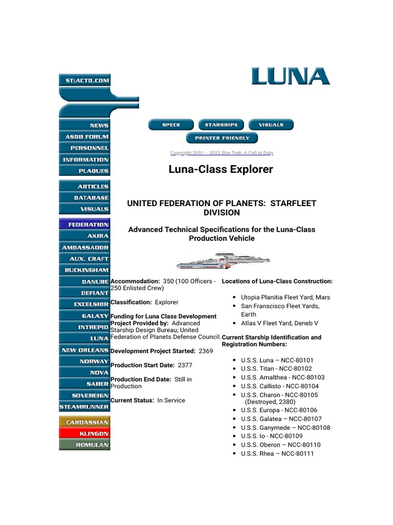 ACTD - Advanced Starship Design Bureau - Luna-Class Specs | PDF ...