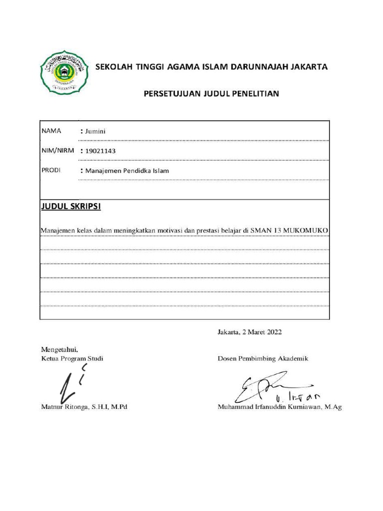 Persetujuan Judul Penelitian Jumini 6e TTD | PDF