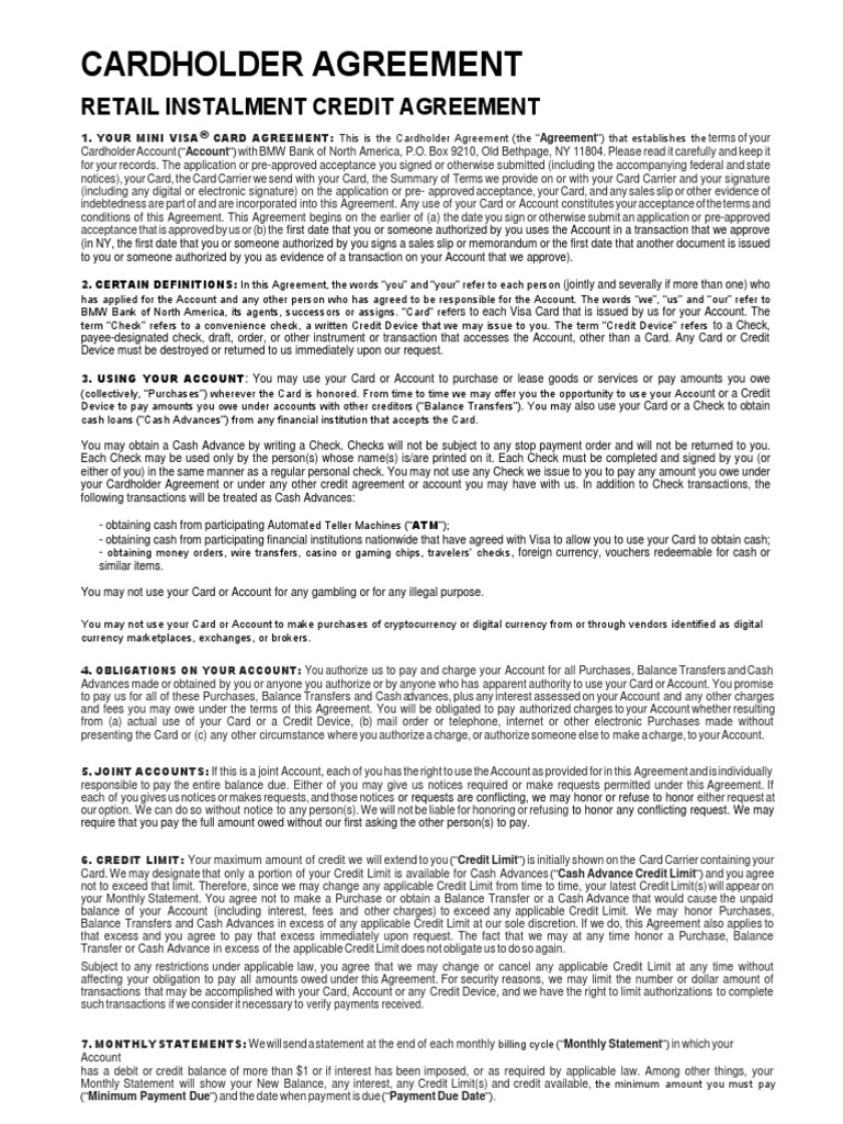 MINI Card Cardholder Agreement | PDF | Cheque | Credit Card