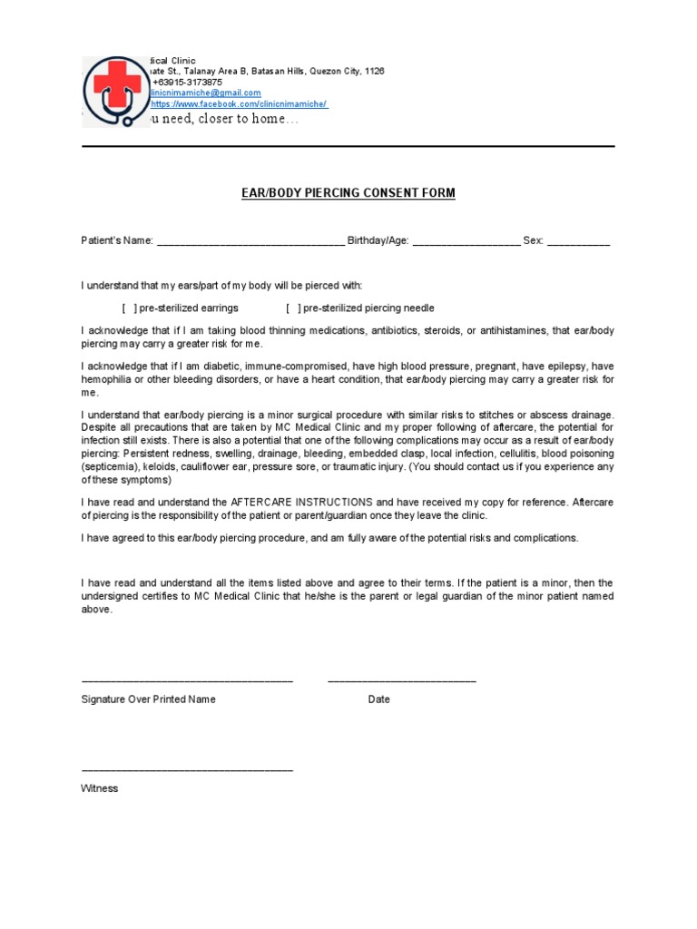 Ear/Body Piercing Consent Form | PDF | Bleeding | Medical Specialties