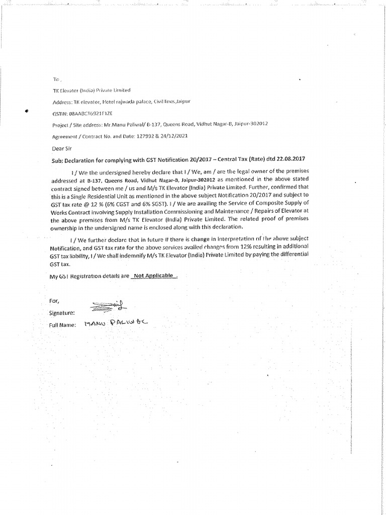 12% GST Declaration - Manu Paliwal | PDF