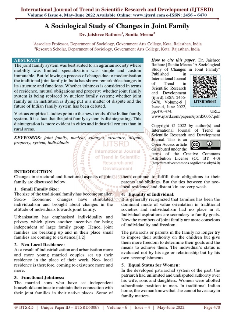 A Sociological Study of Changes in Joint Family | PDF | Family | Marriage
