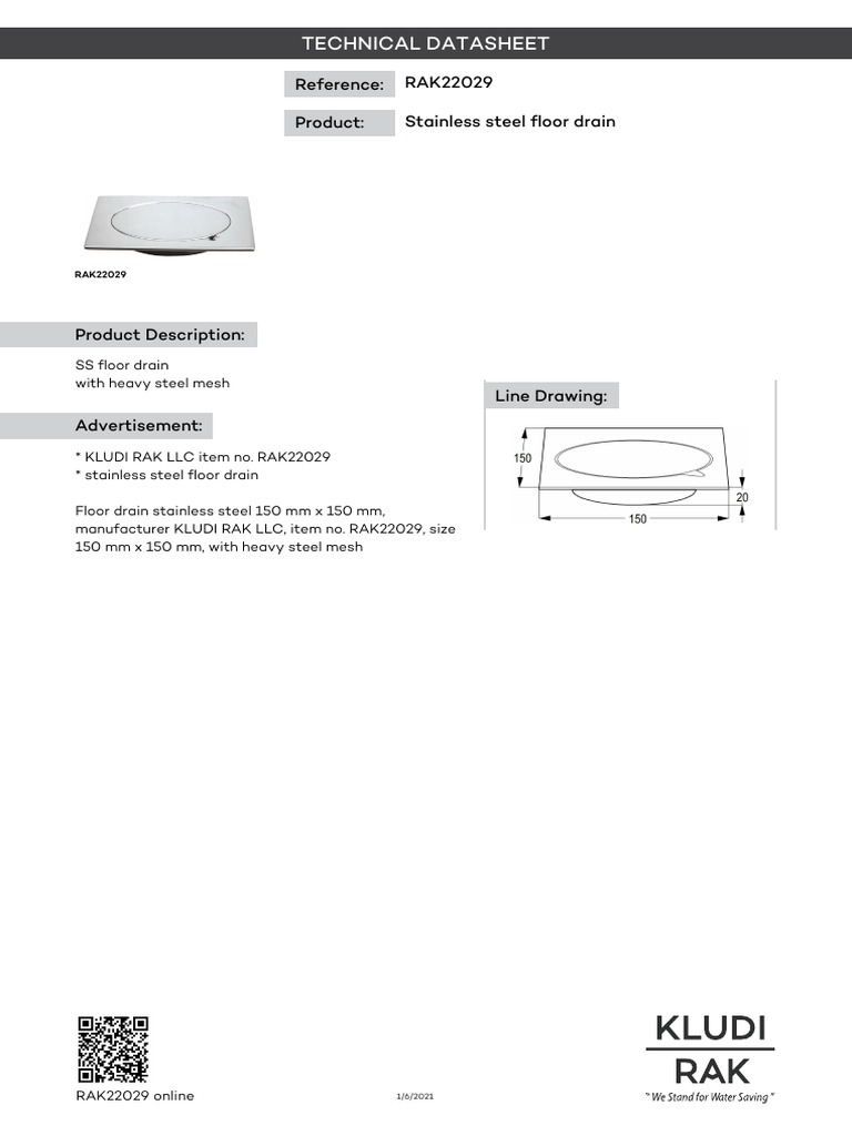 Technical Datasheet: RAK22029 Stainless Steel Floor Drain Reference ...