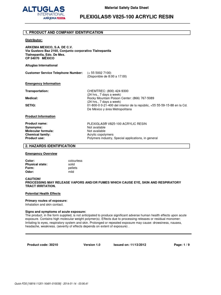 Plexiglas® V825-100 Acrylic Resin: Material Safety Data Sheet | PDF ...