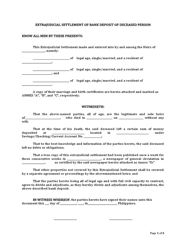 Extrajudicial Settlement of A Bank Deposit of A Deceased Person | PDF ...