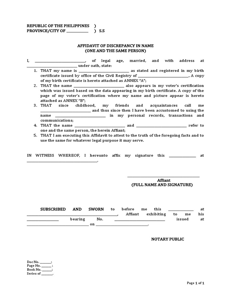 Affidavit of Name Discrepancy Sample | PDF | Affidavit | Common Law