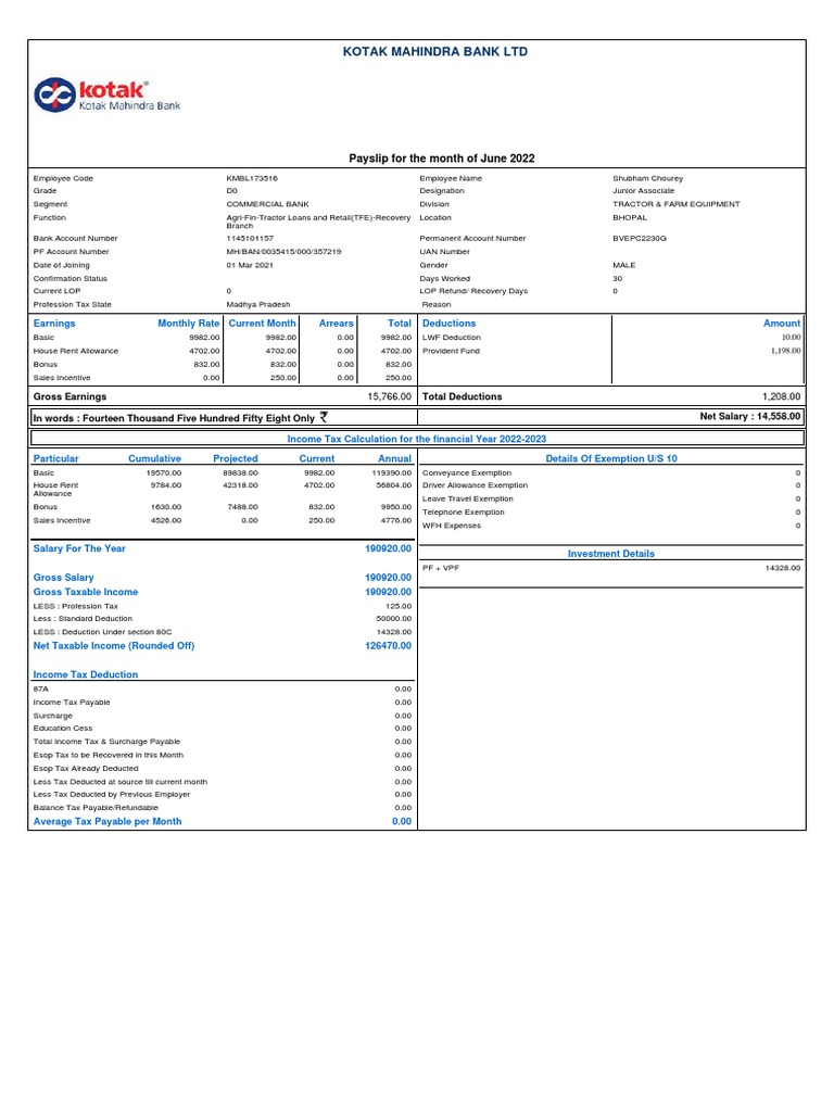 Payslip For The Month of June 2022: Kotak Mahindra Bank LTD | PDF ...