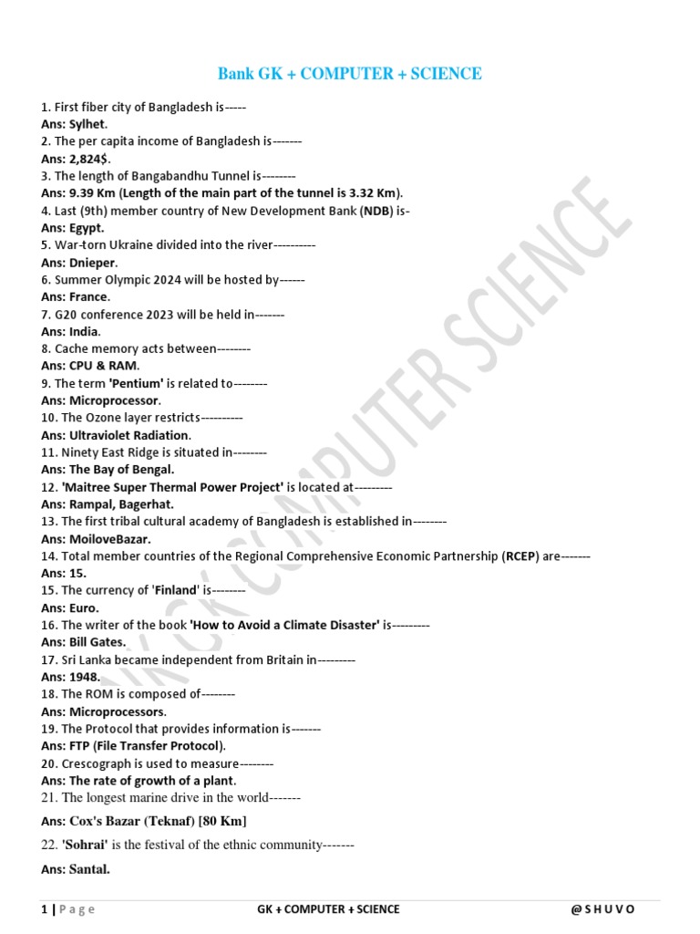 Bank Computer Science GK Questions | PDF | Bangladesh | Sql