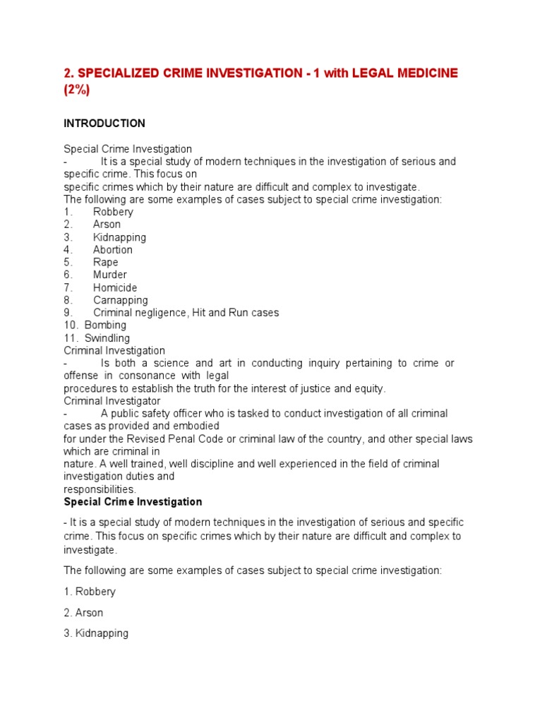 Specialized Crime Investigation Overview | PDF | Burn | Crime Scene