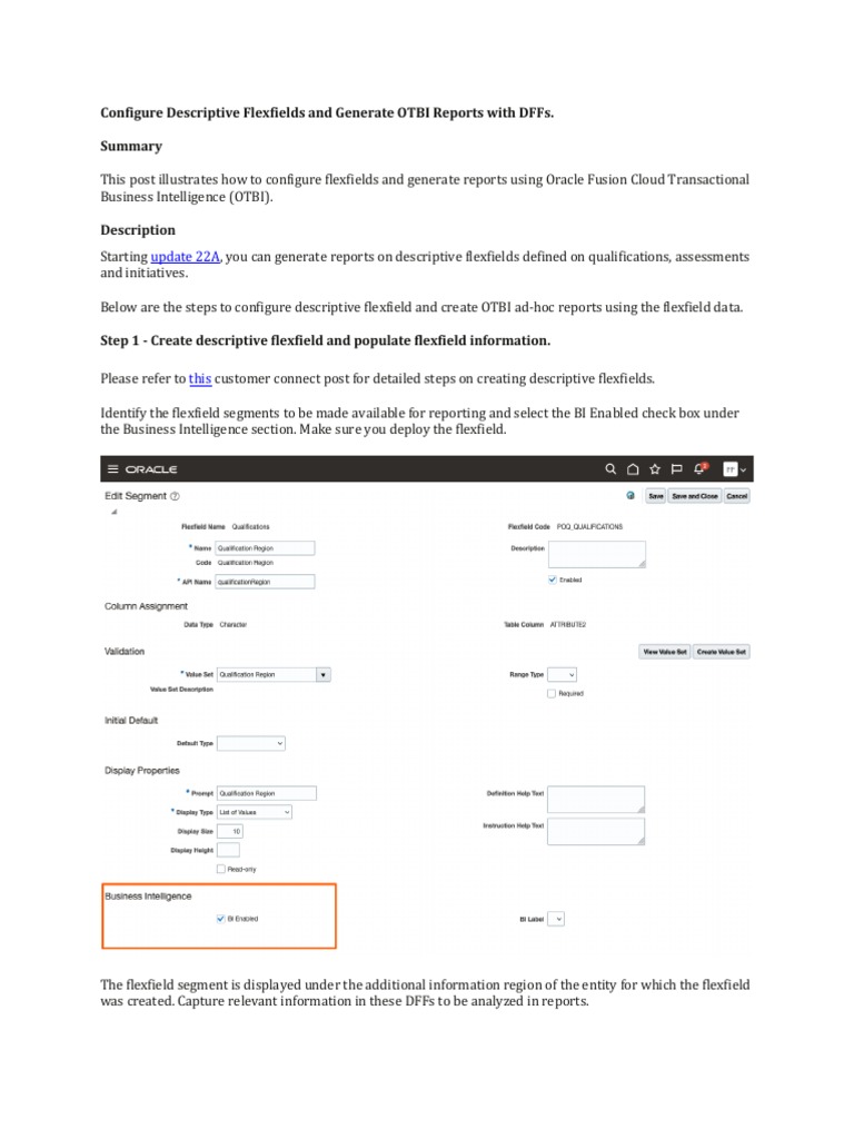 Configure Descriptive Flexfields and Generate OTBI Reports With DFFs | PDF | Business ...