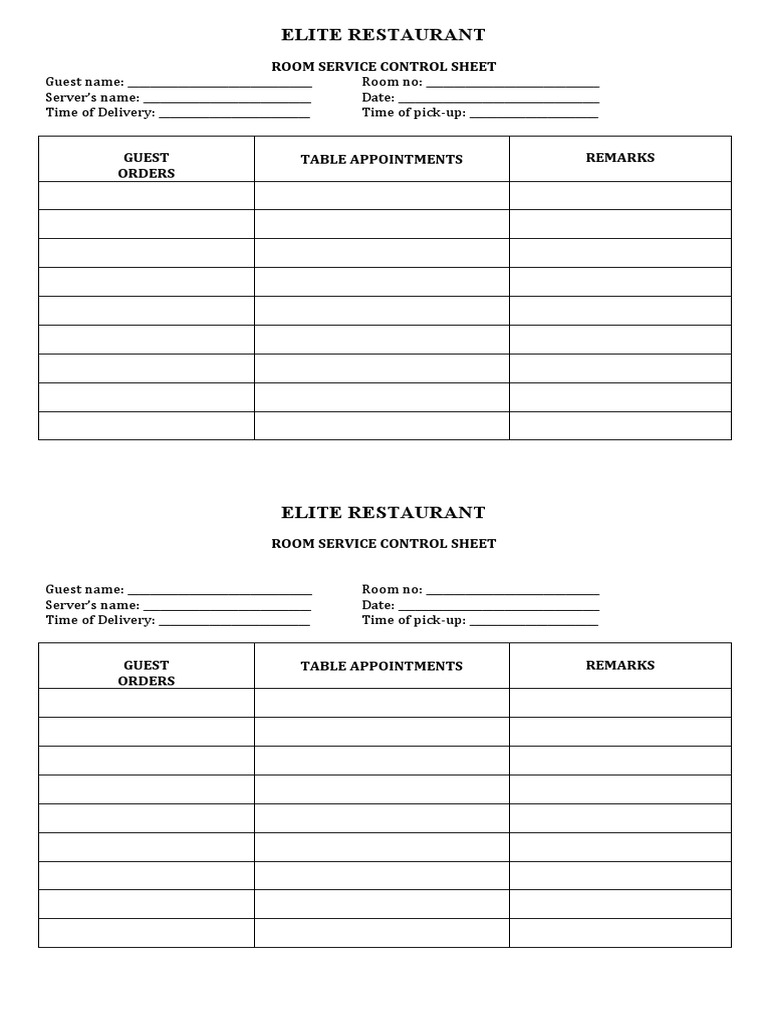 Elite Restaurant: Room Service Control Sheet | PDF