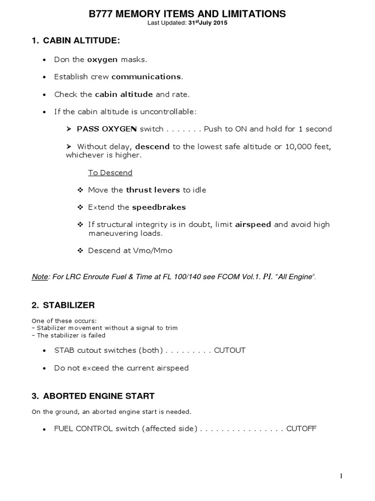 B777 Memory Items and Limitations: 1. Cabin Altitude | PDF | Aviation ...