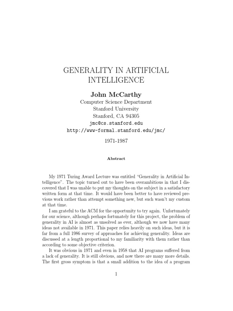 McCarthy - 1987 - Generality in Artificial Intelligence | PDF | First ...