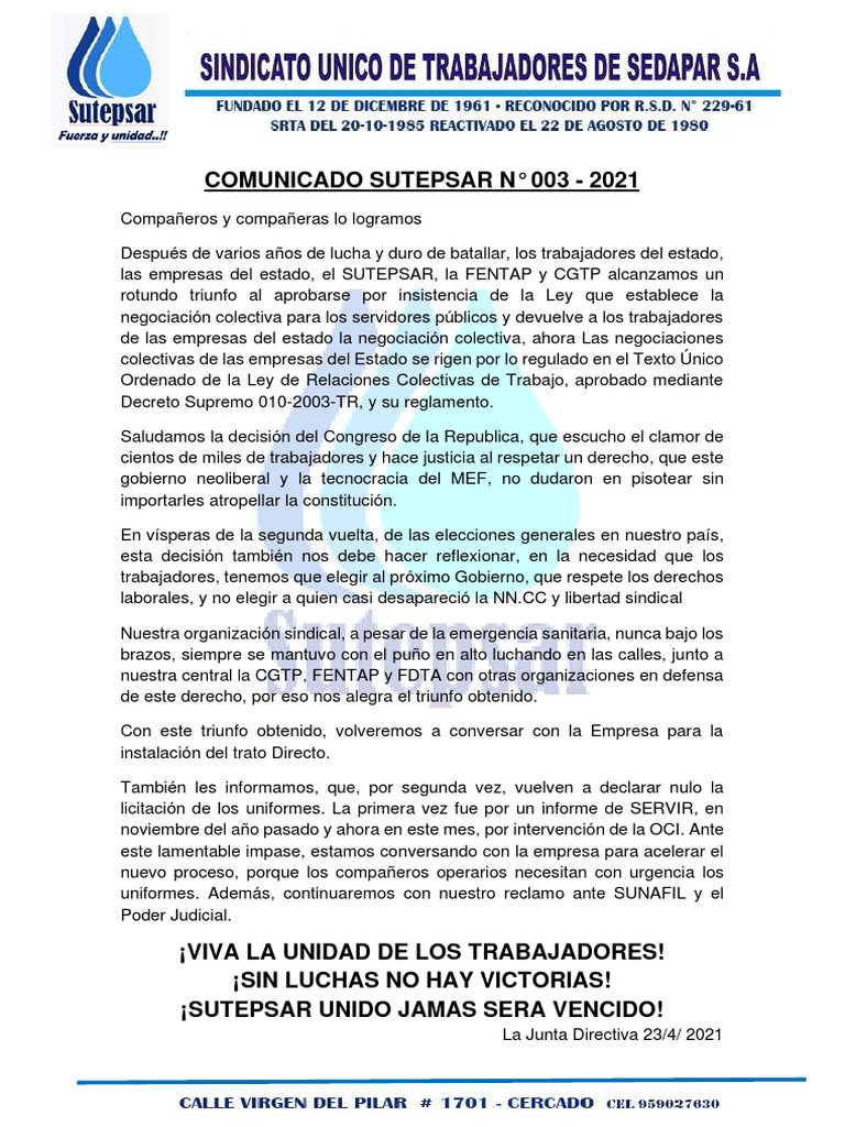 Comunicado 003 Sutepasr 2021 | PDF