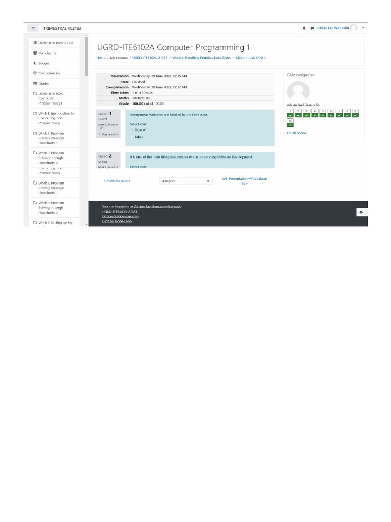 UGRD-ITE6102A Computer Programming 1 Midterm Lab Quiz 2 | PDF