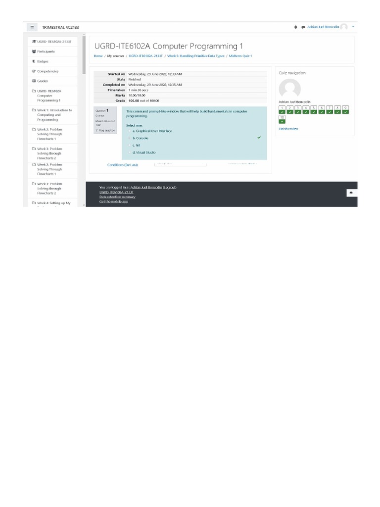 UGRD-ITE6102A Computer Programming 1 Midterm Quiz 1 | PDF