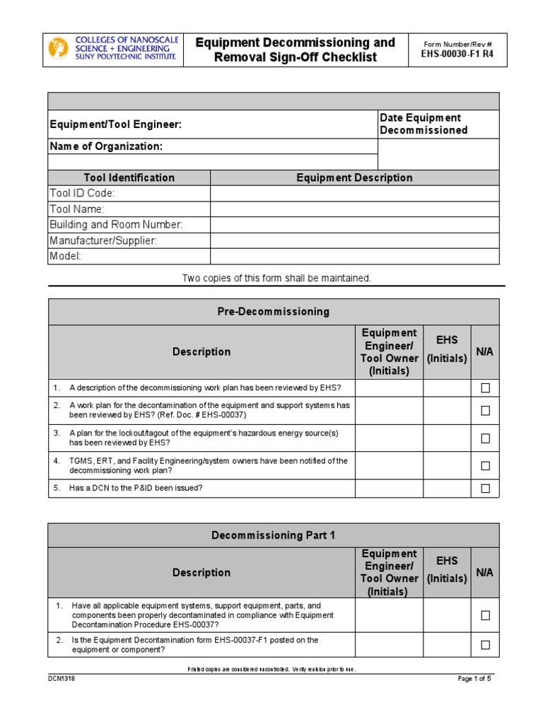 Equipment Decommissioning and Removal Sign-Off Checklist | Download ...
